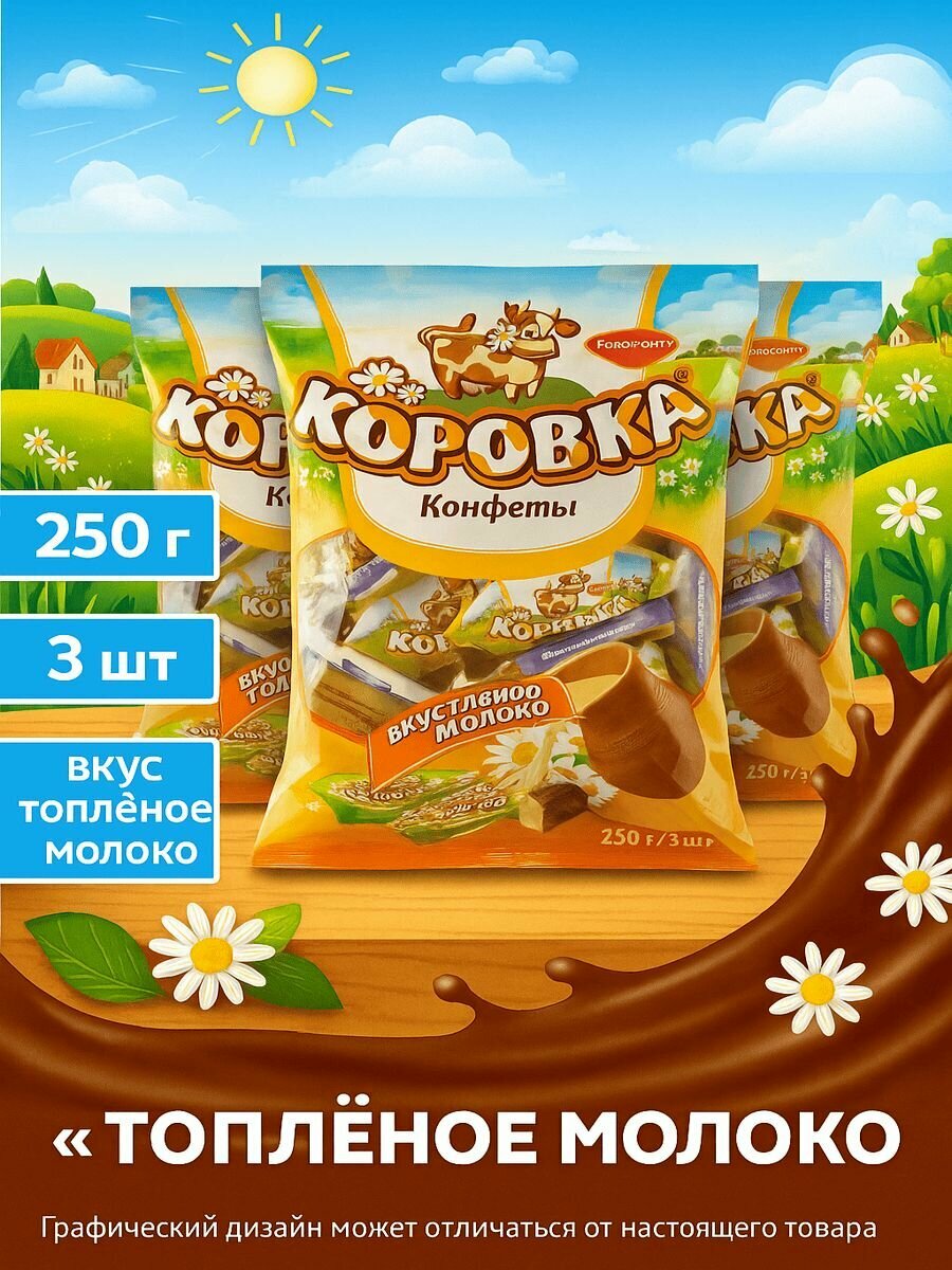Конфеты РОТ фронт Коровка топленое молоко, 250г x 3 упаковки