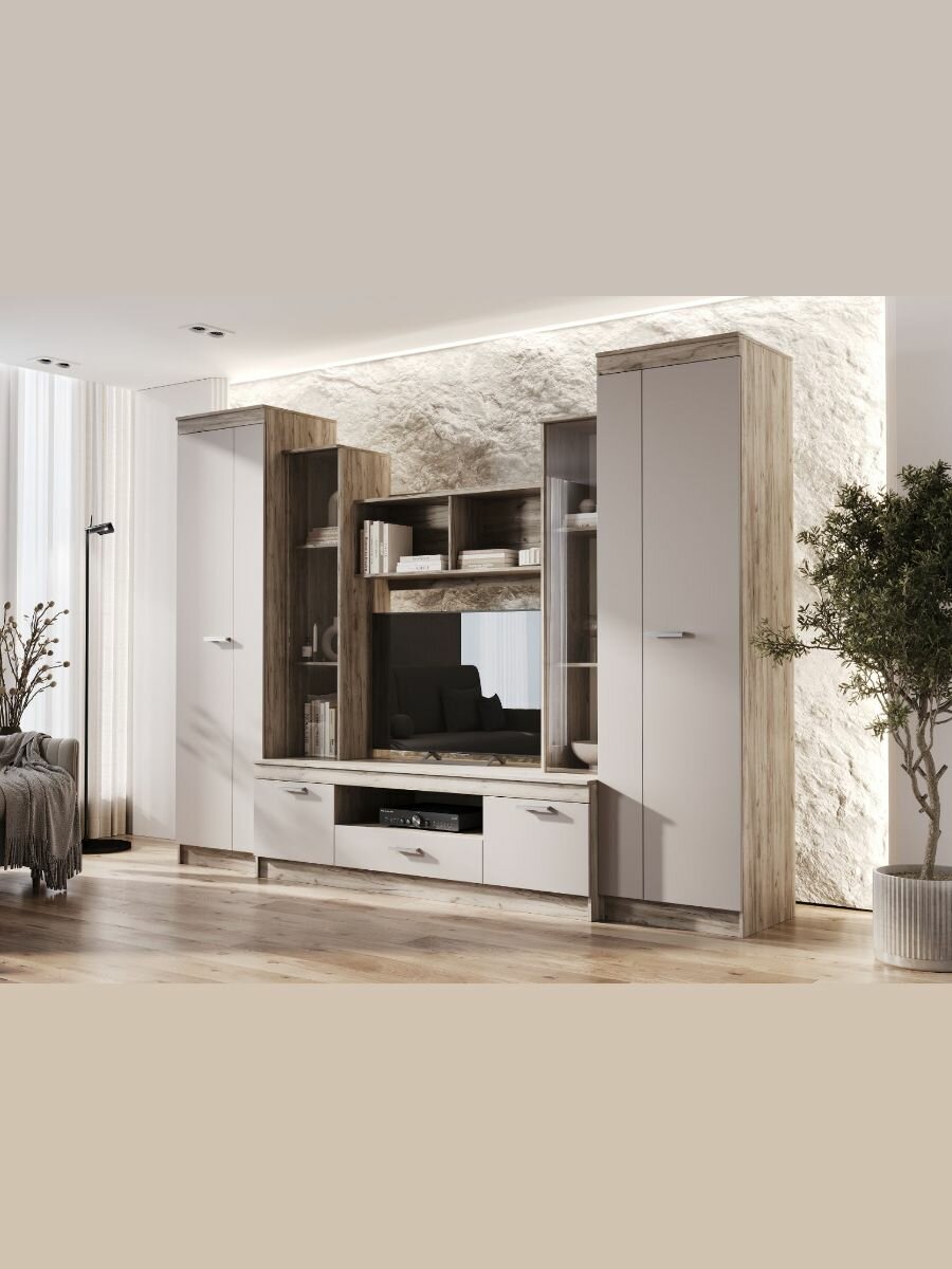 Гостиная Атлантида 6 ЛДСП 3000х2216х594, Дуб Крафт серый/Кашемир, МИФ