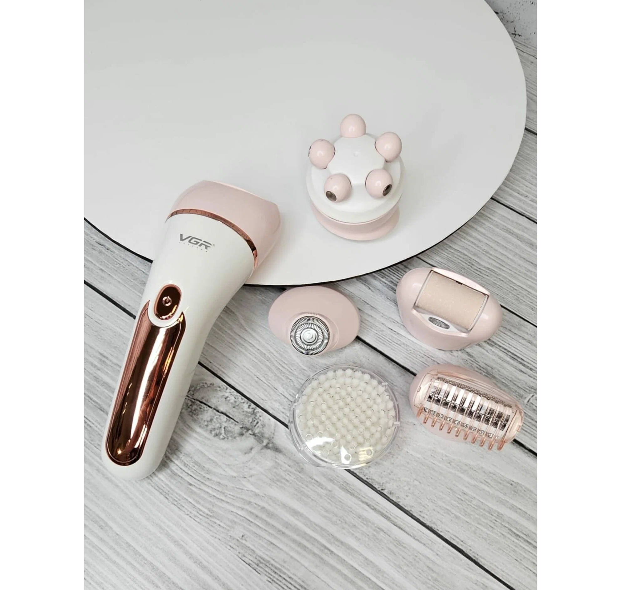 Беспроводной женский эпилятор 6в1, электробритва, пилка для пяток, массажер для тела, щетка для пилинга, розовый