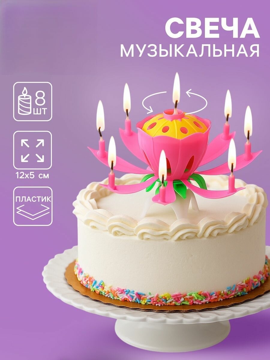 Свеча для торта музыкальная "Бутон", крутящаяся, розовая