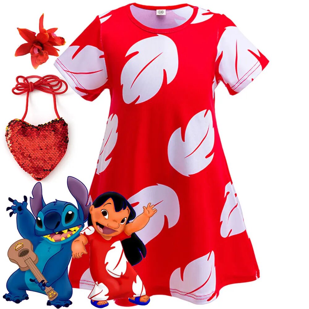 Костюм Диснея Лило для девочек, красное платье 4T(tag 120), Красный, Lilo Set 1