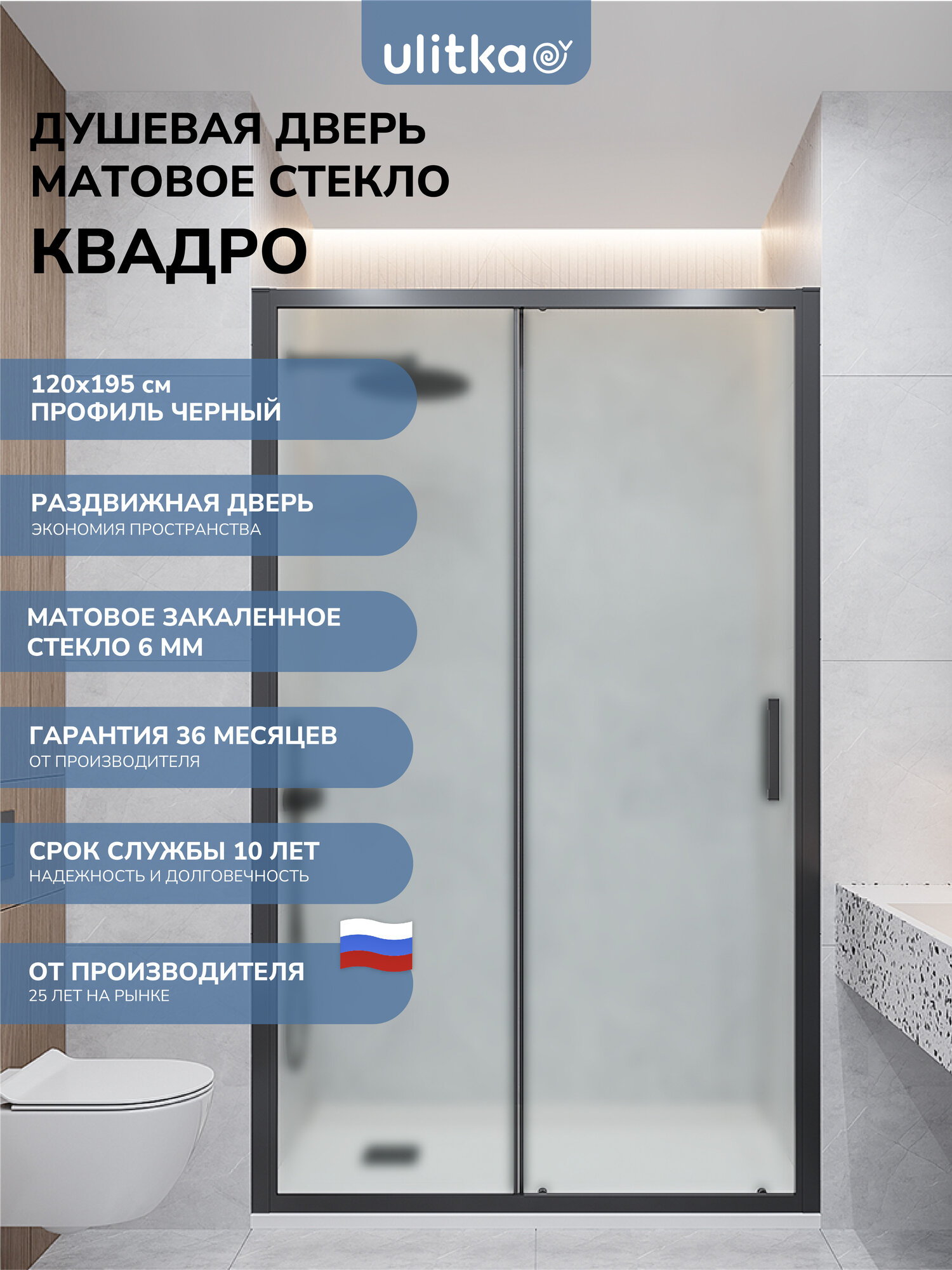 Душевая дверь в нишу 120х195 см. Квадро стекло матовое, профиль черный