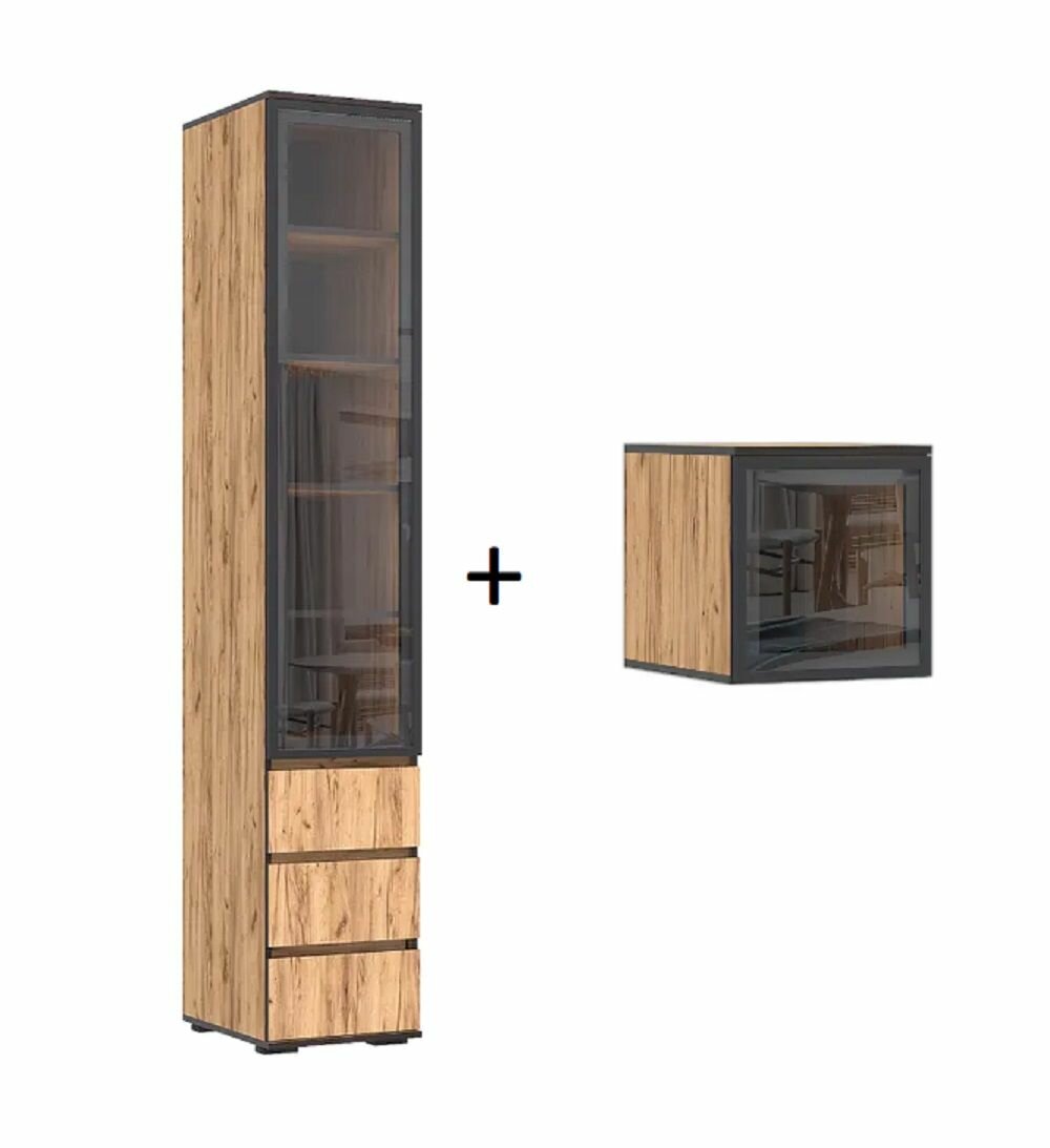 Норд Пенал-стекло 40 см. с ящиками + антресоль. Дуб Крафт