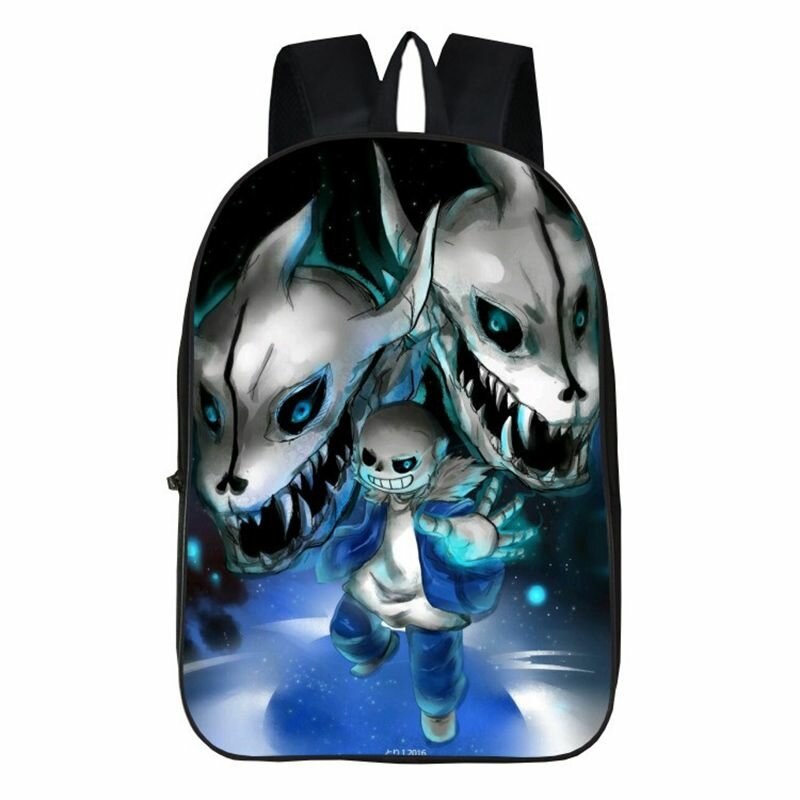 Stylish undertale sans school bookbag featuring smooth zipper and easy-to-clean material white blue