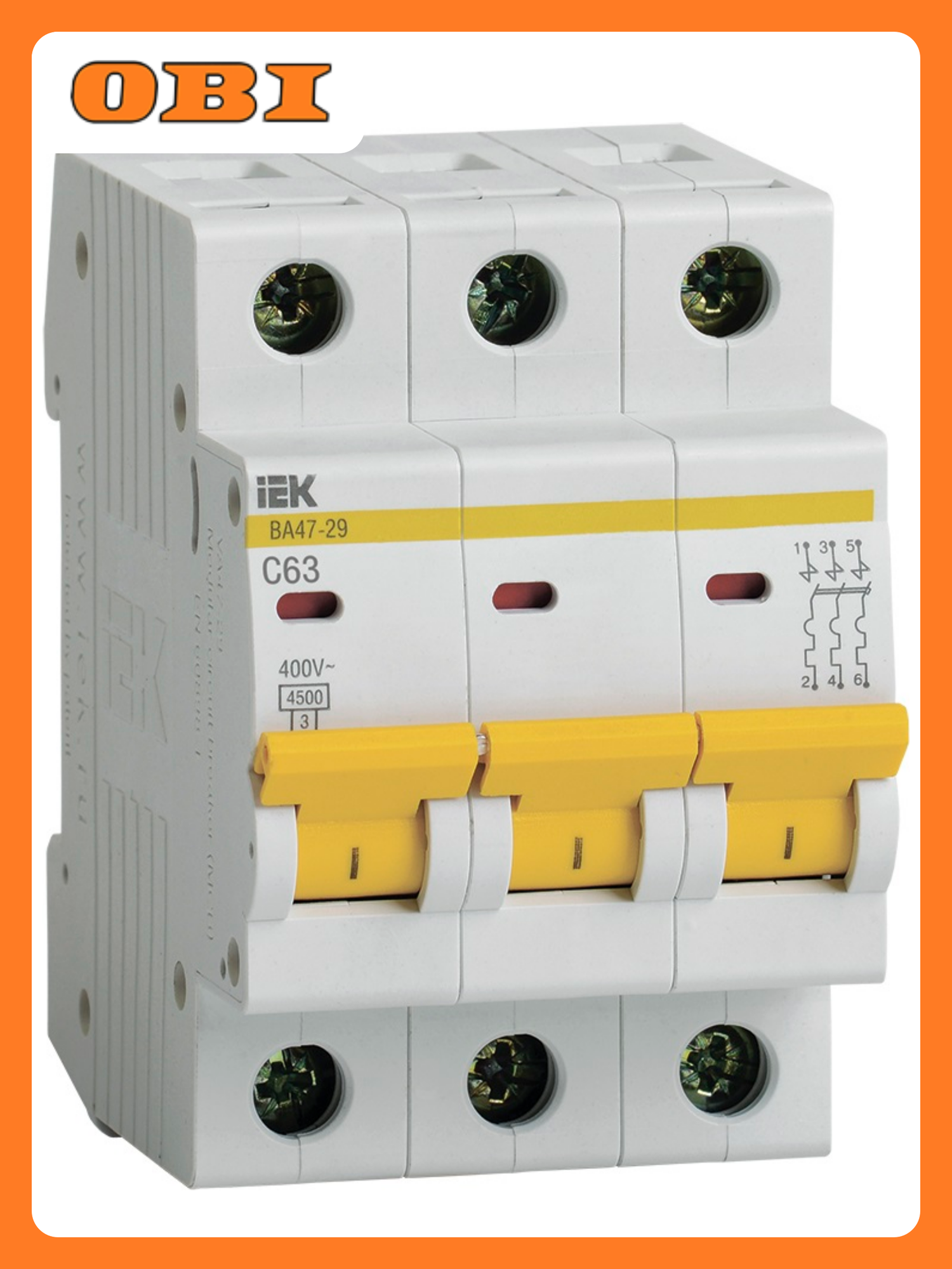 Автоматический выключатель IEK ВА47-29, 3P, 63A, 4500A, C, термомагнитный, IP20