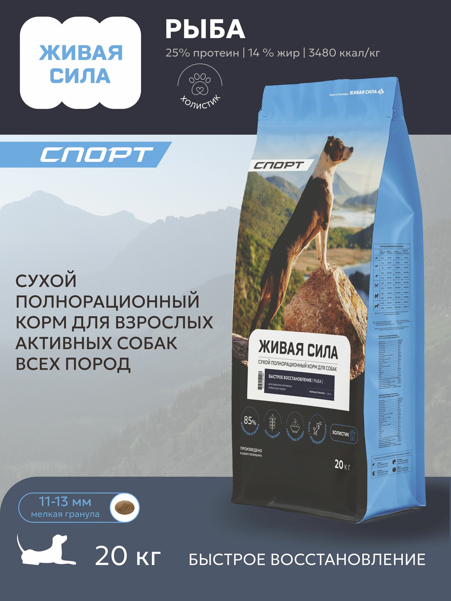 Живая Сила Спорт сухой полнорационный корм с рыбой для взрослых активных собак крупных и средних пород, крупная гранула, 20кг