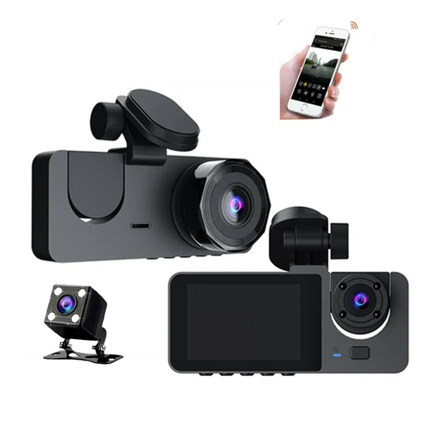 3 Channel Wifi Car DVR HD 1080P 3-Lens Inside Vehicle Dash Cam Three Way Camera DVRs Recorder Video Dashcam Camcorder с 2.0-дюймовым IPS экраном, форматом файла AVI, напряжением 5V/1A, разрешением видео 1080P 720P Variable Gain Amplifier, поддержкой