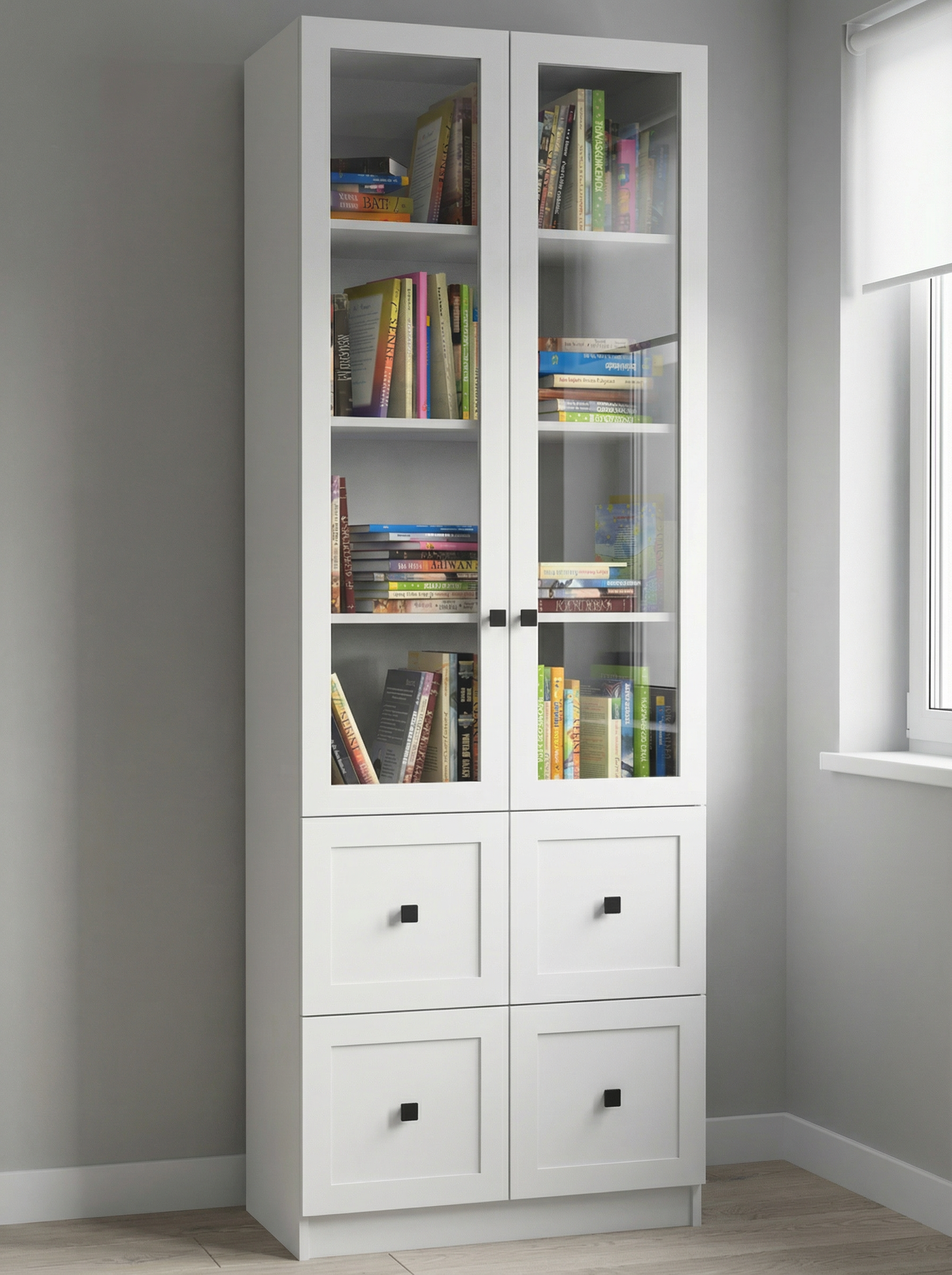 Шкаф книжный двухстворчатый Вита 2-4 с 4 ящиками, ШхГхВ: 68х38х210 см, белый