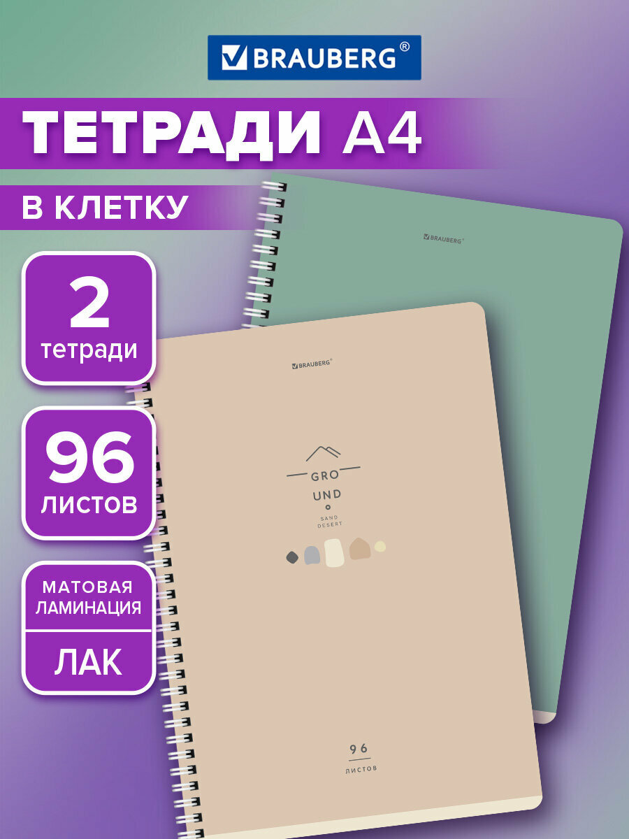 Тетрадь А4 в клетку 96 листов на пружине общая, набор 2 штуки, матовая обложка, Brauberg Natural, 404648