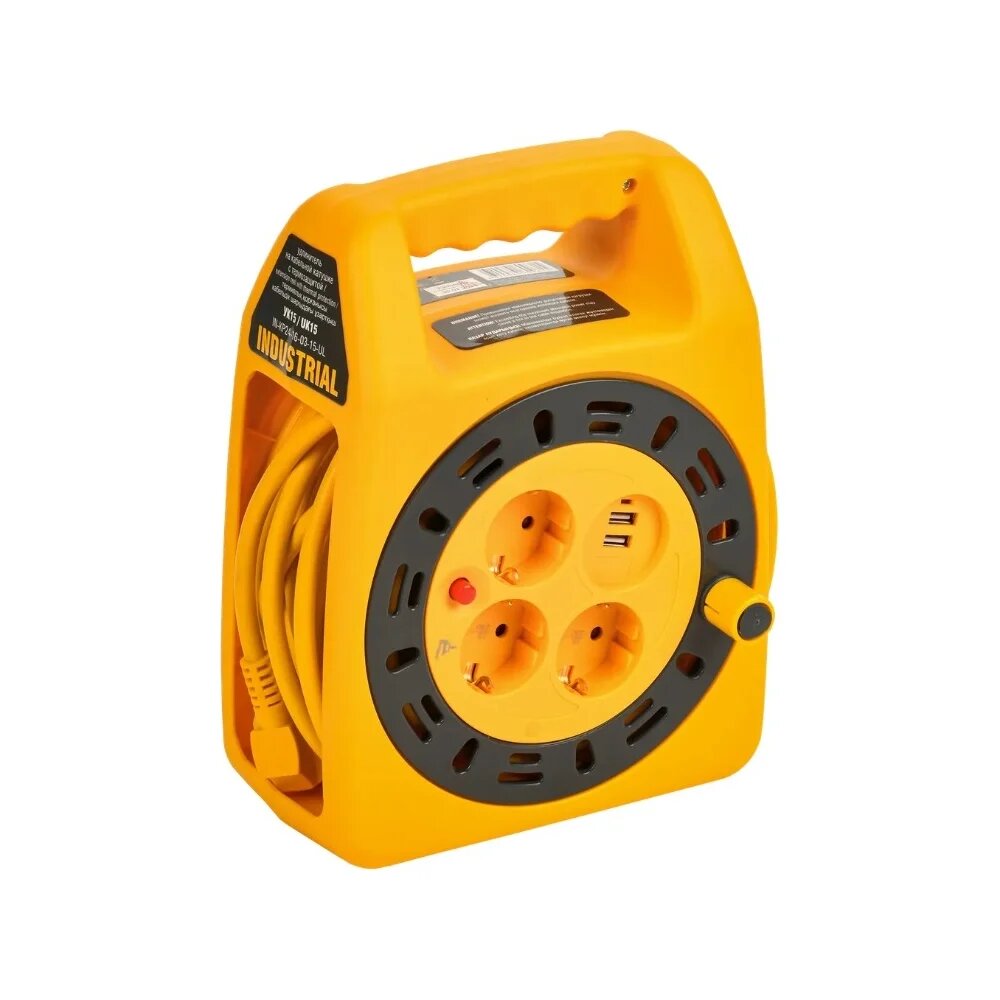 Катушка IEK INDUSTRIAL УК15 2P+PE 3x1,5мм2 USBх2 LED 15м IN-KP24-16-03-15-UL