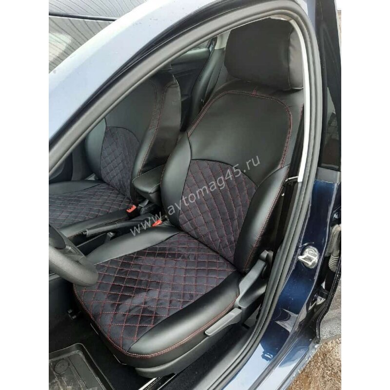 Авточехлы Skoda Rapid с 2012г 2/3 Volkswagen Polo л/б с 2020г экокожа алькантара черная крас. н ромб