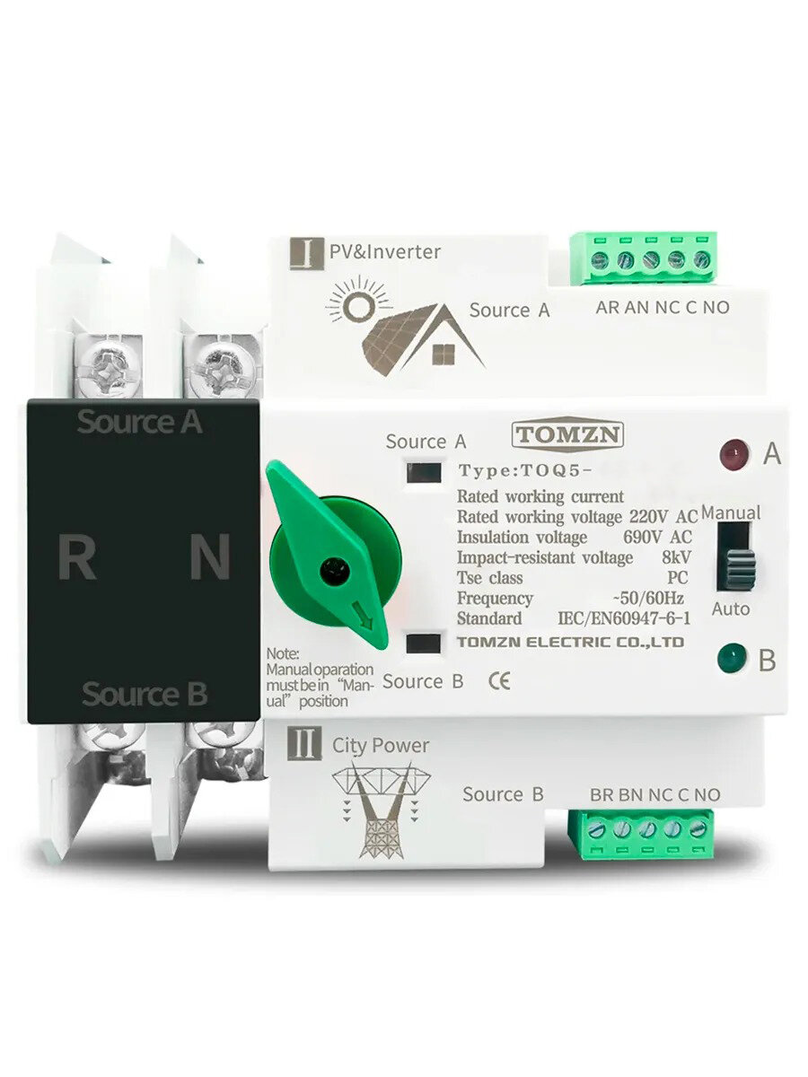 Устройство автоматического ввода резерва TOQ5-63PV/2 АВР для солнечных панелей и инвертора 2P на 63 ампера, однофазное