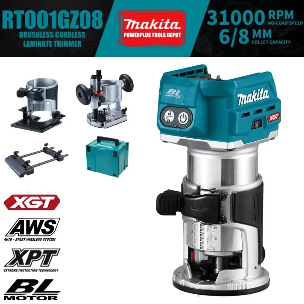 Makita RT001G Бесщеточный аккумуляторный триммер для ламината AWS* 40Vmax XGT