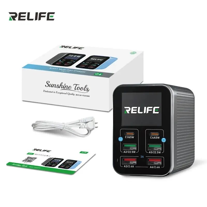 RELIFE Q4 72 Вт, 6-портовое Настольное Зарядное Устройство С Двумя Портами PD/QC, Цветной TFT HD-экран