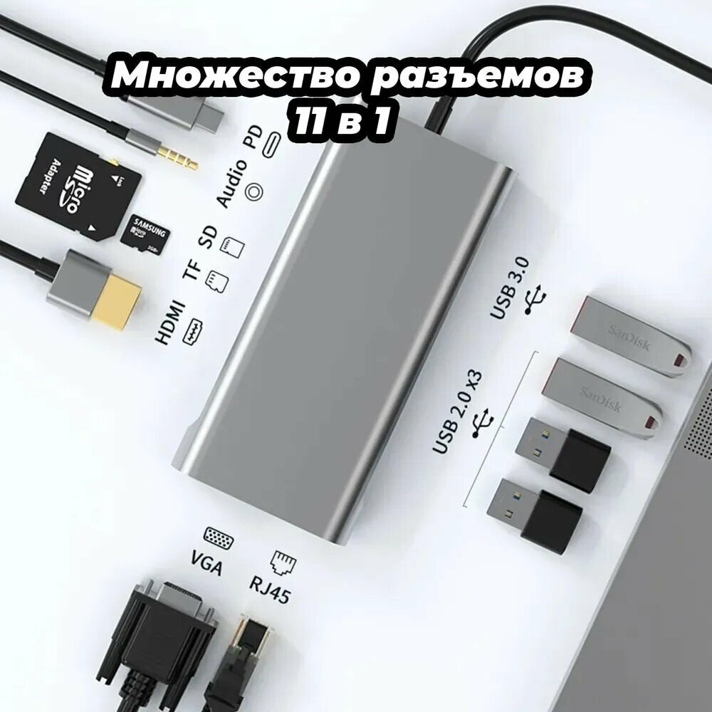 USB разветвитель 11 в 1 USB HUB Type C док станция Usb 3.0 хаб 3 0 переходник концентратор Hdmi RJ45 TF SD thunderbolt 4k картридер для ноутбука USB-2.0 Type-c аксессуары для пк