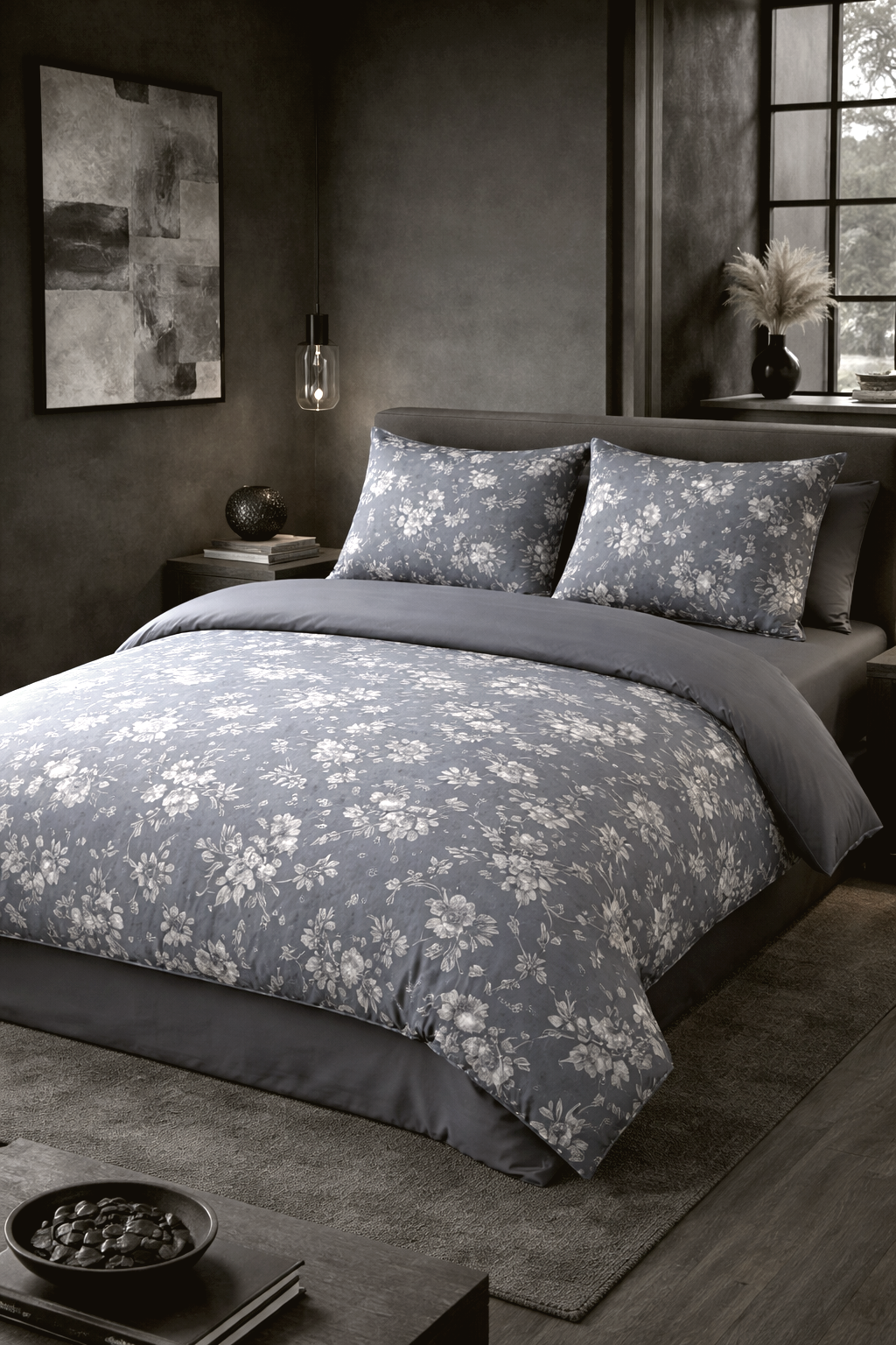 Постельное белье 2 спальное с европростыней Павлина Магнолия на сером, бязь