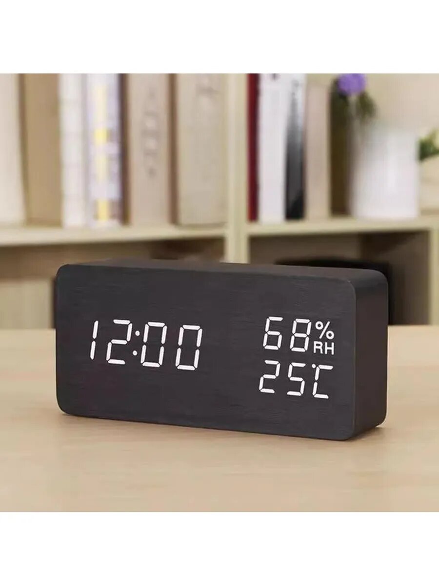 Цифровые часы (прямоугольные, черные, деревянные)