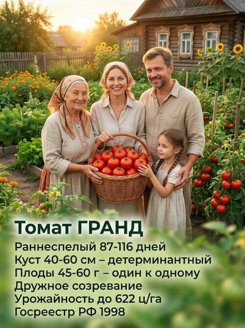 Томат гранд Сорт Госреестра РФ (1998), раннеспелый 87-116 дней, детерминантный 40-60 см, плоды 45-60 г, красные, дружное созревание, для открытого грунта и консервации