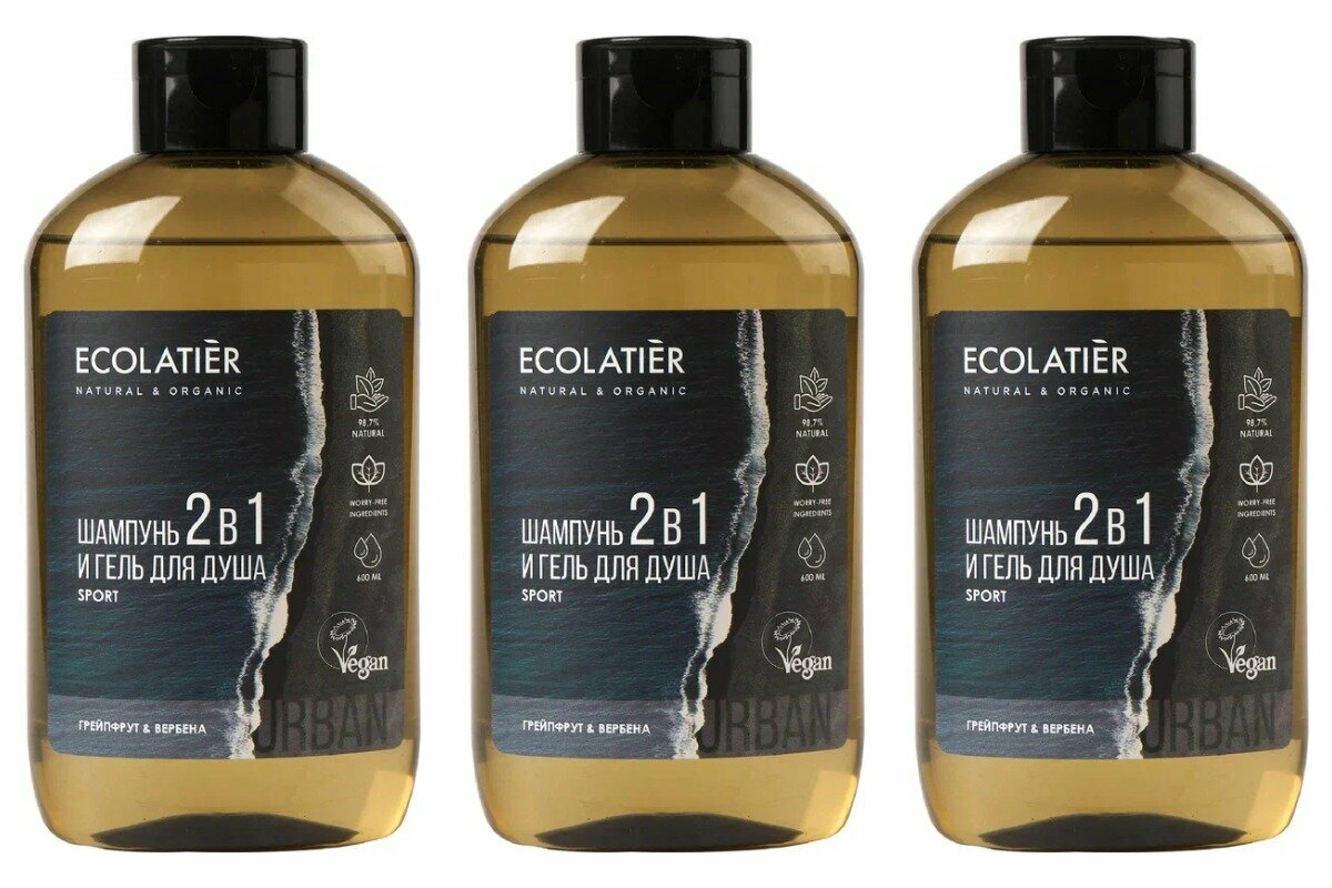 Гель+шампунь Ecolatier 2в1, мужской, Грейпфрут и вербена, 600 мл, 3 шт