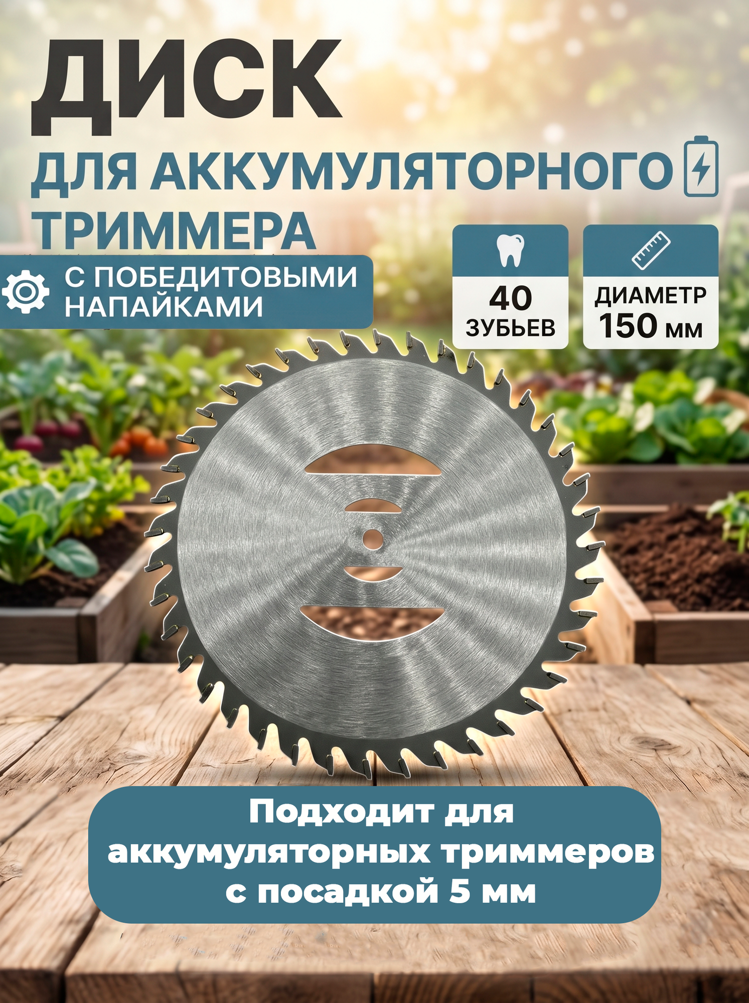 Диск нож 40 зубов 15 см посадка 5мм для аккумуляторного триммера с победитовыми напайками CBC03, CBC02 Krotof, DECO, ZITREK, DIMAX, VORTEX