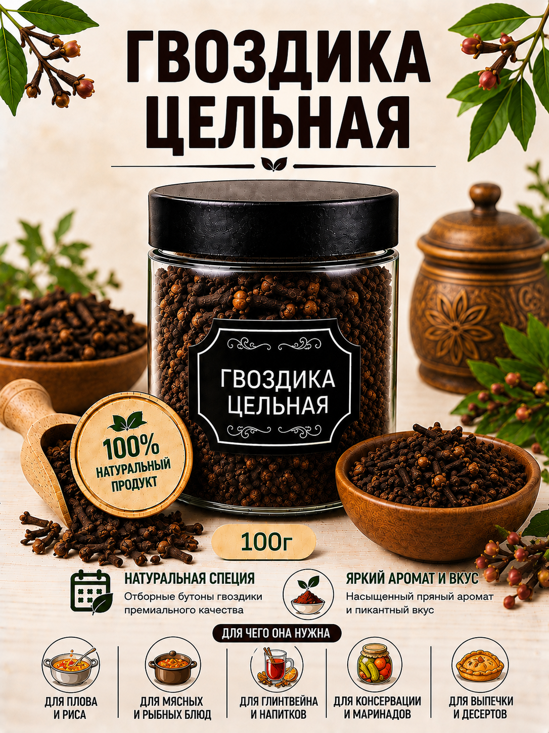 Гвоздика цельная натуральная, Индия, 100г