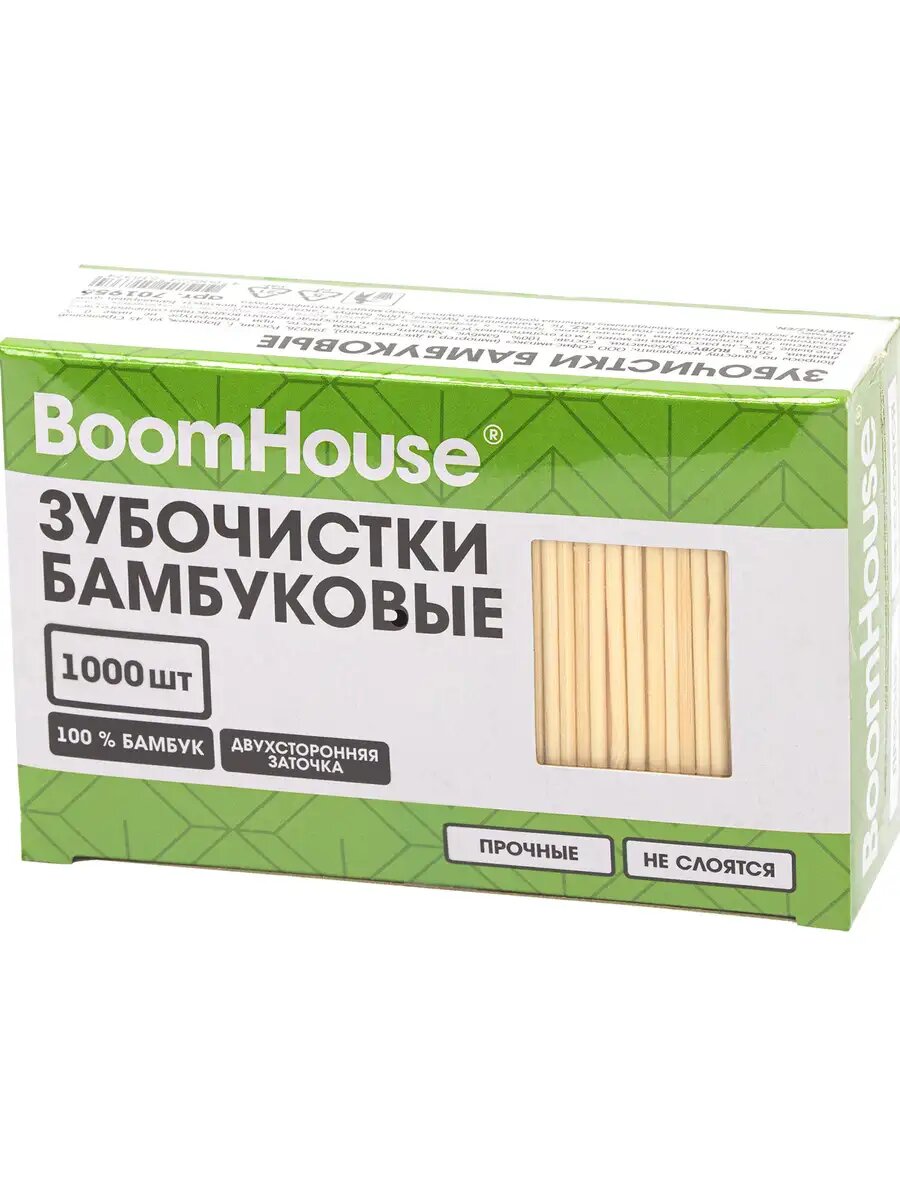 Зубочистки деревянные бамбуковые, набор 1000 штук, в коробке, Boomhouse, 701956
