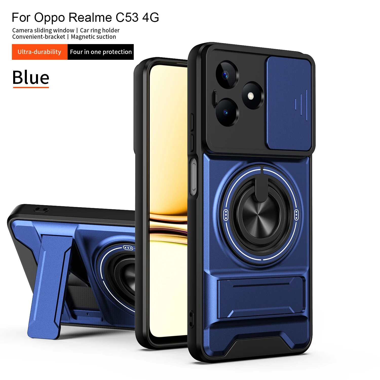 Противоударный Магнитный Чехол-книжка В Стиле Милитари Для Realme realme Note 50, Синий, SJia - Blue