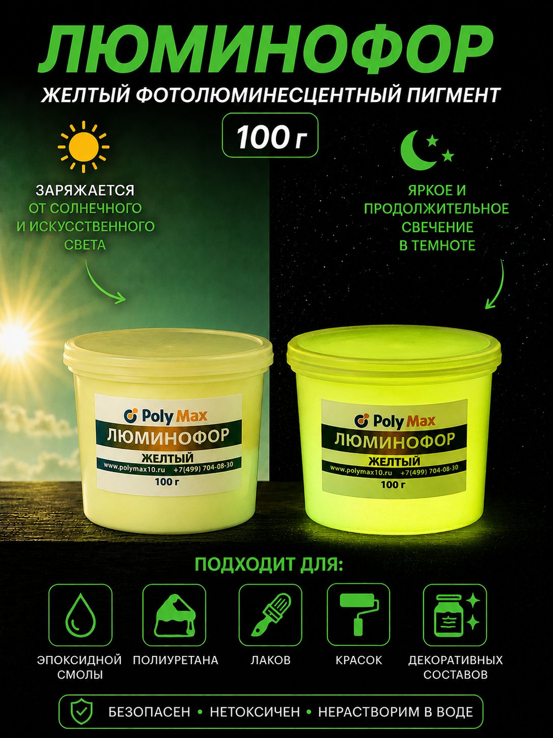 Желтый фотолюминесцентный пигмент (люминофор) 100 грамм PolyMax