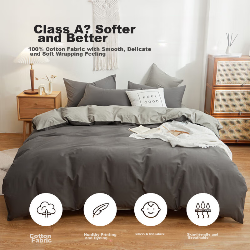 MUJI Class A Antibacterial Pure Cotton Four-Piece Bedding Set, Long-Staple Cotton Double Bed Linen Duvet Cover 200*230cm, Dark Gray Light Gray