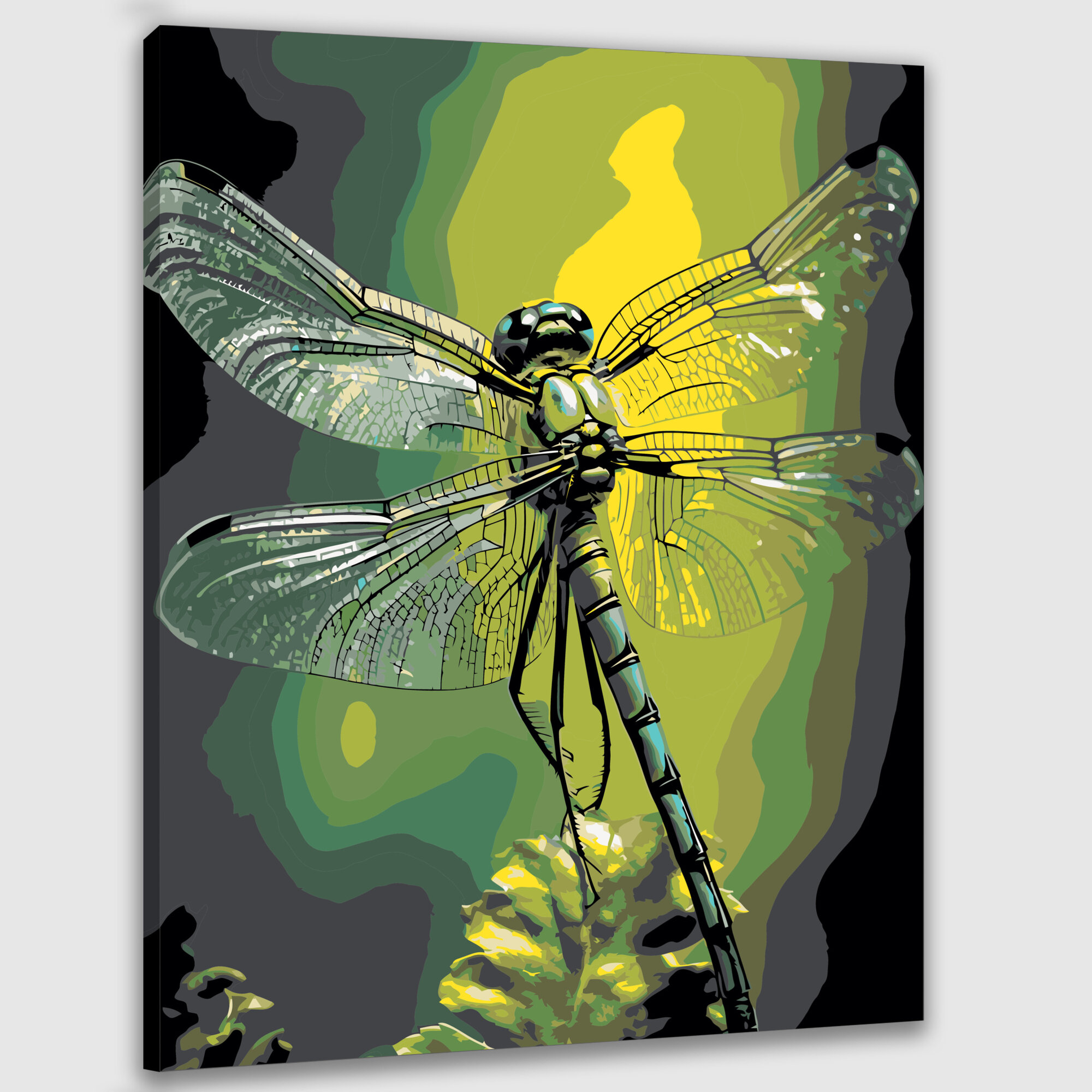 Картина по номерам 40x50 см, фотография, зеленая стрекоза, крылья, изумрудное тело, яркий лист, пышная листва