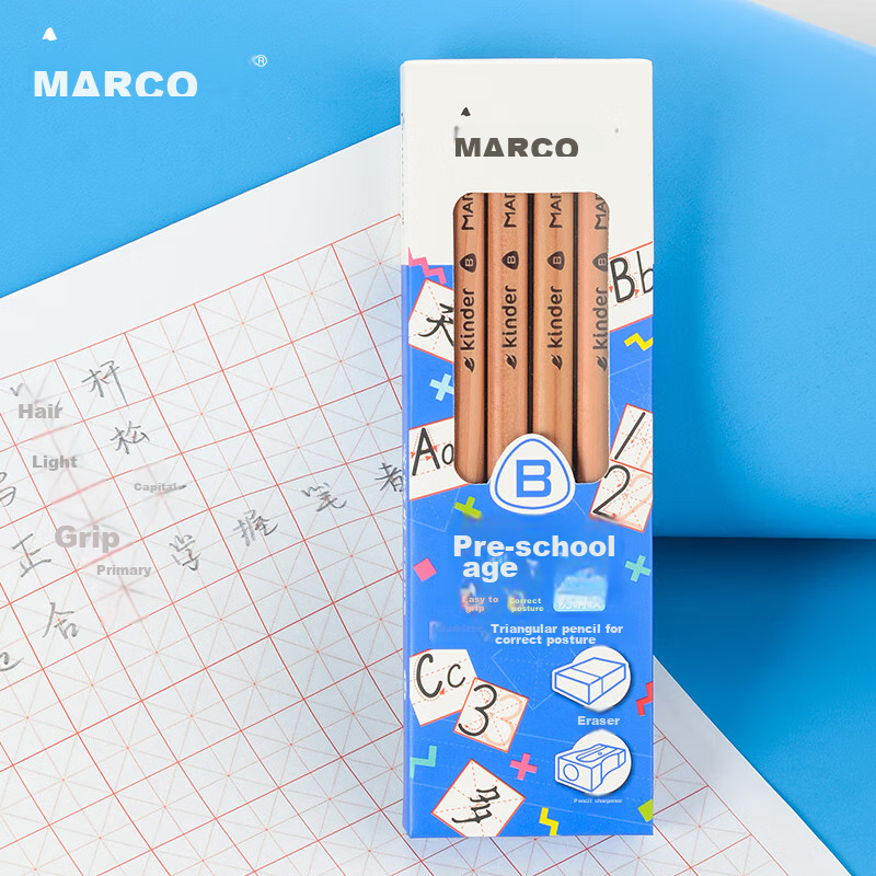 [Lowest Price Online] Marco Snow Cedar Wood Pencils B for Preschoolers, Thick Triangular Easy-Grip Writing Pencils, 4-Pack (With Sharpener), 610 Children's Series for Art And Sketching