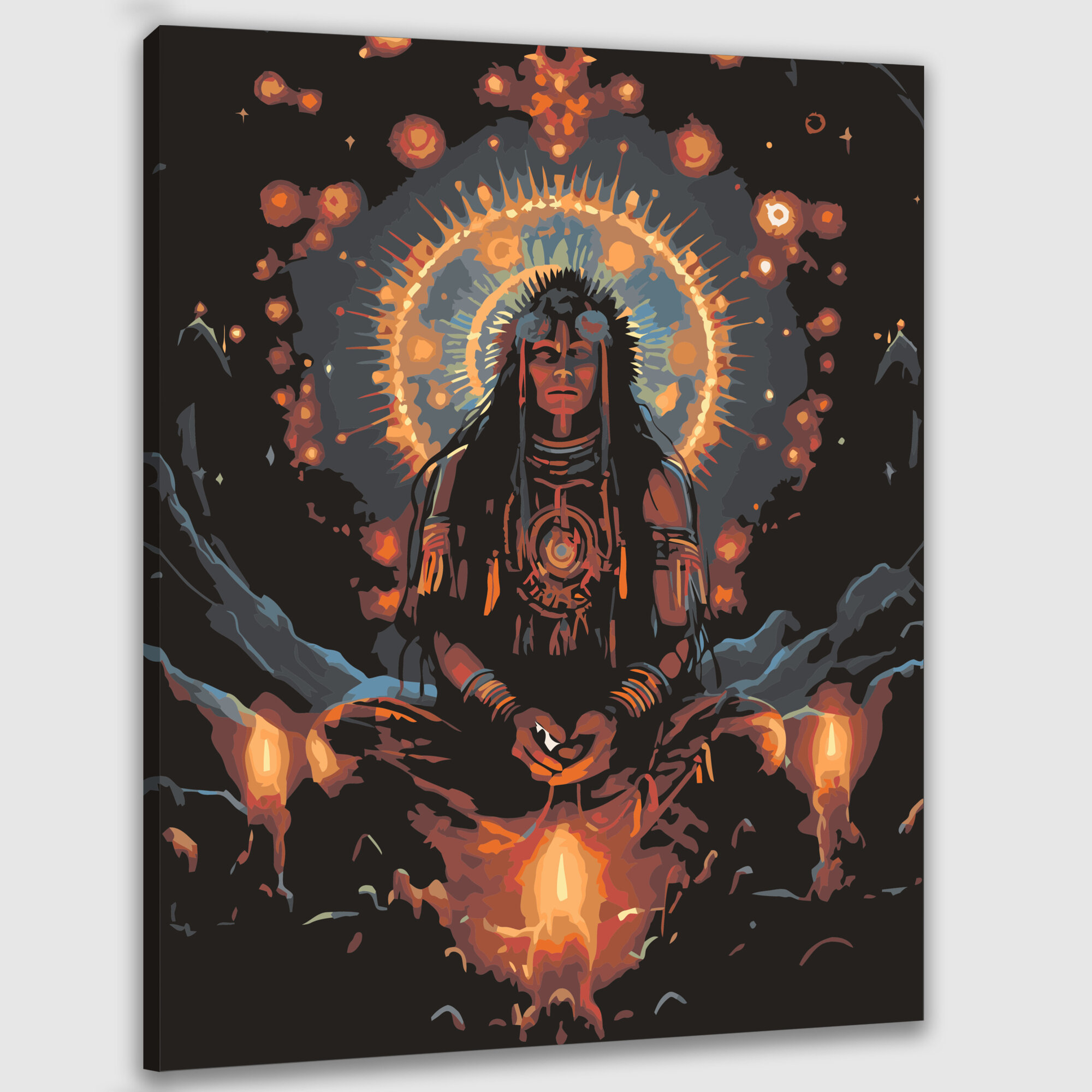 Картина по номерам 40x50 см, цифровое произведение иск, шаманский ритуал, звездное ночное небо, шаман, яркие перья