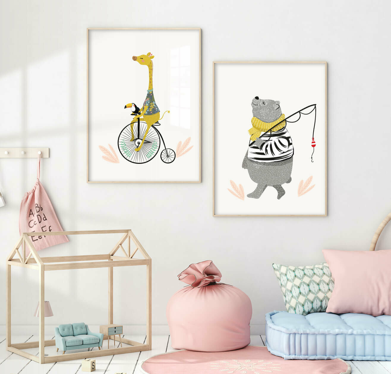 Постер 2 шт 50х70 без рамки "Рисунок для детской Жираф и Медведь" набор картин для интерьера