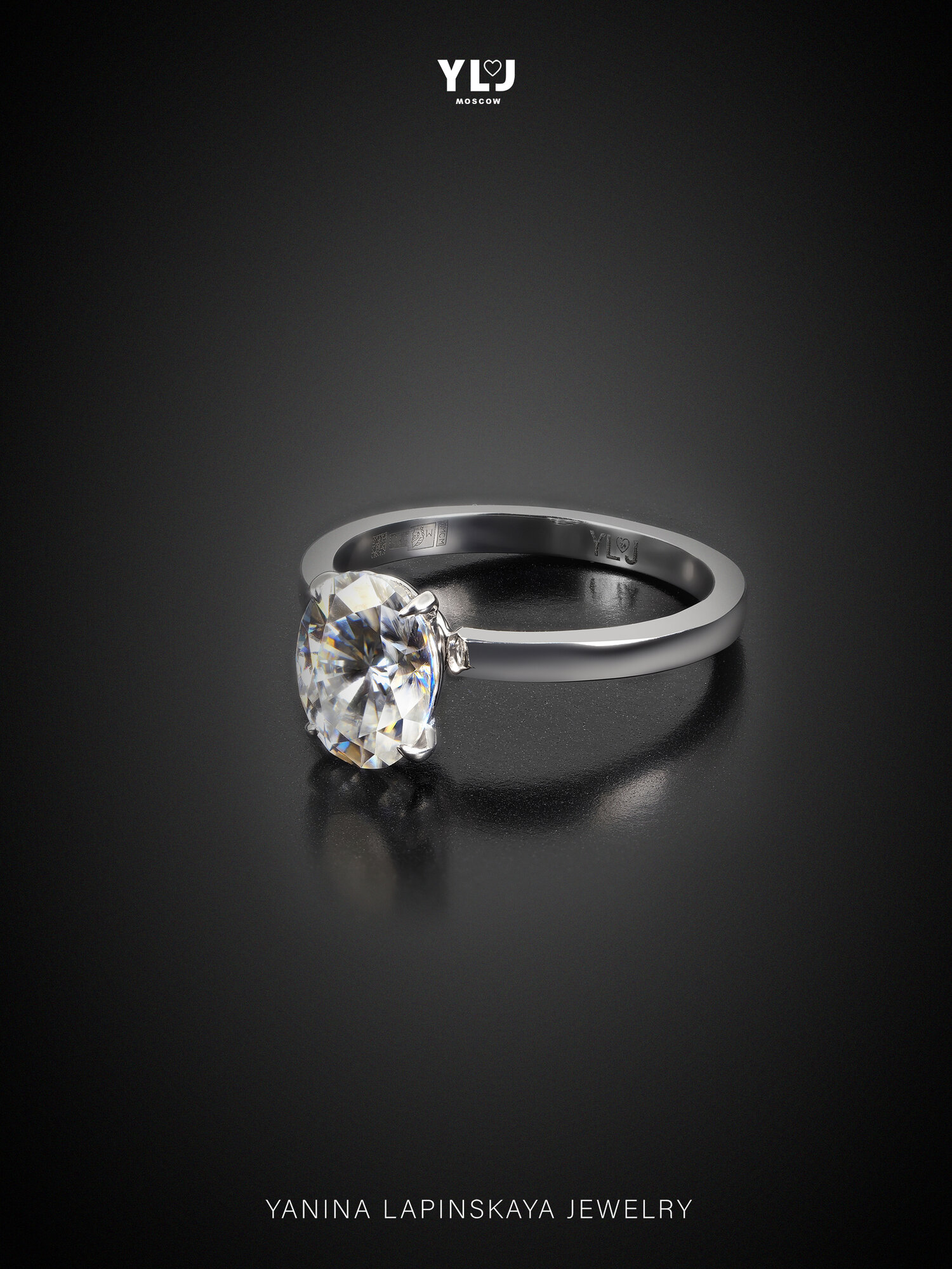 Кольцо тонкое, помолвочное, белое золото, 585 проба, родирование, муассанит