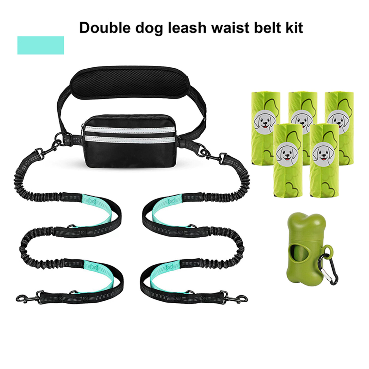 Двойной поводок для собак без рук, нейлон, с мешком для какашек, розовый/серый/синий