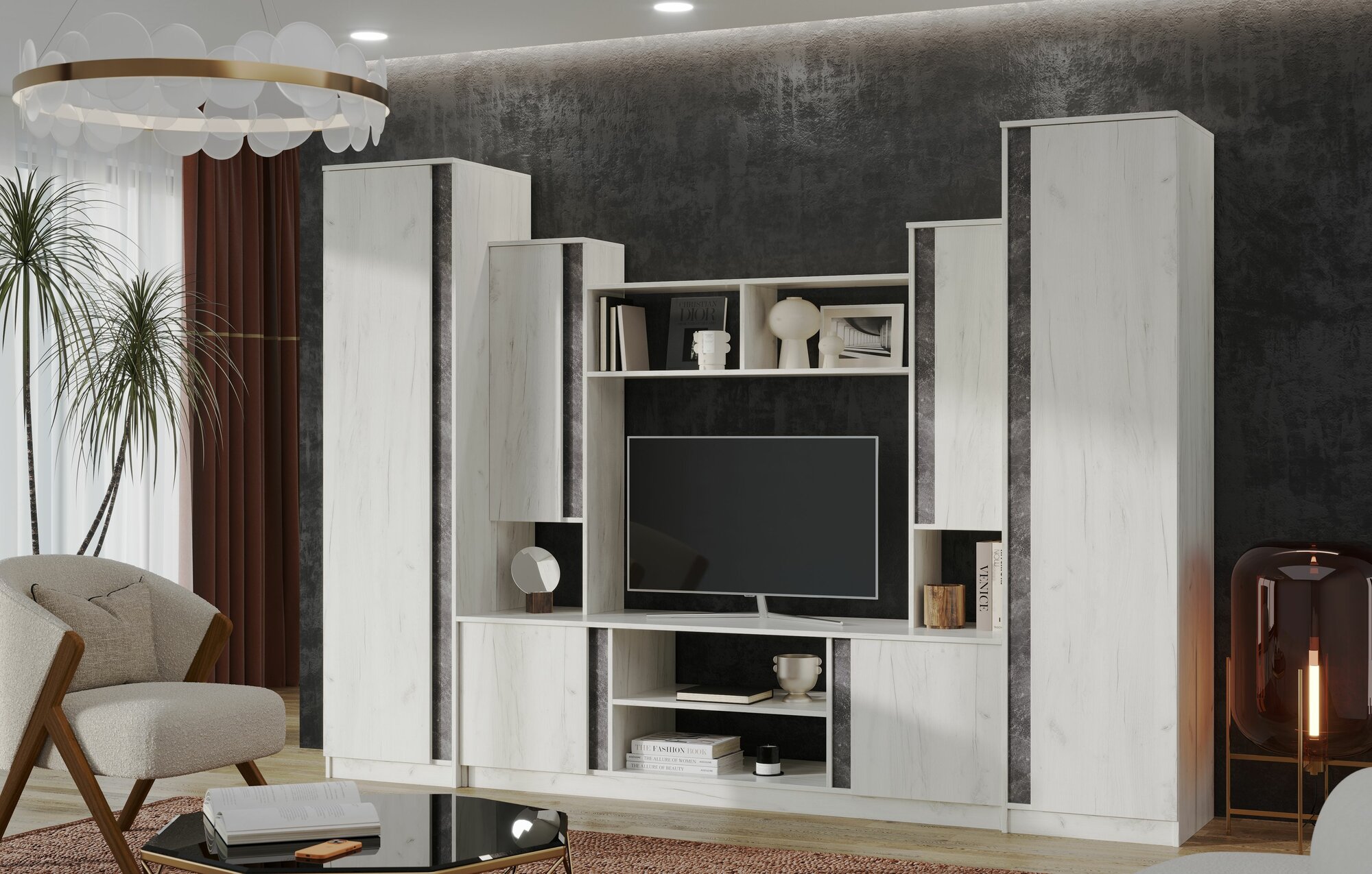 Гостиная Атлантида 5 (Бетон темный/Дуб Крафт Белый) (Миф)