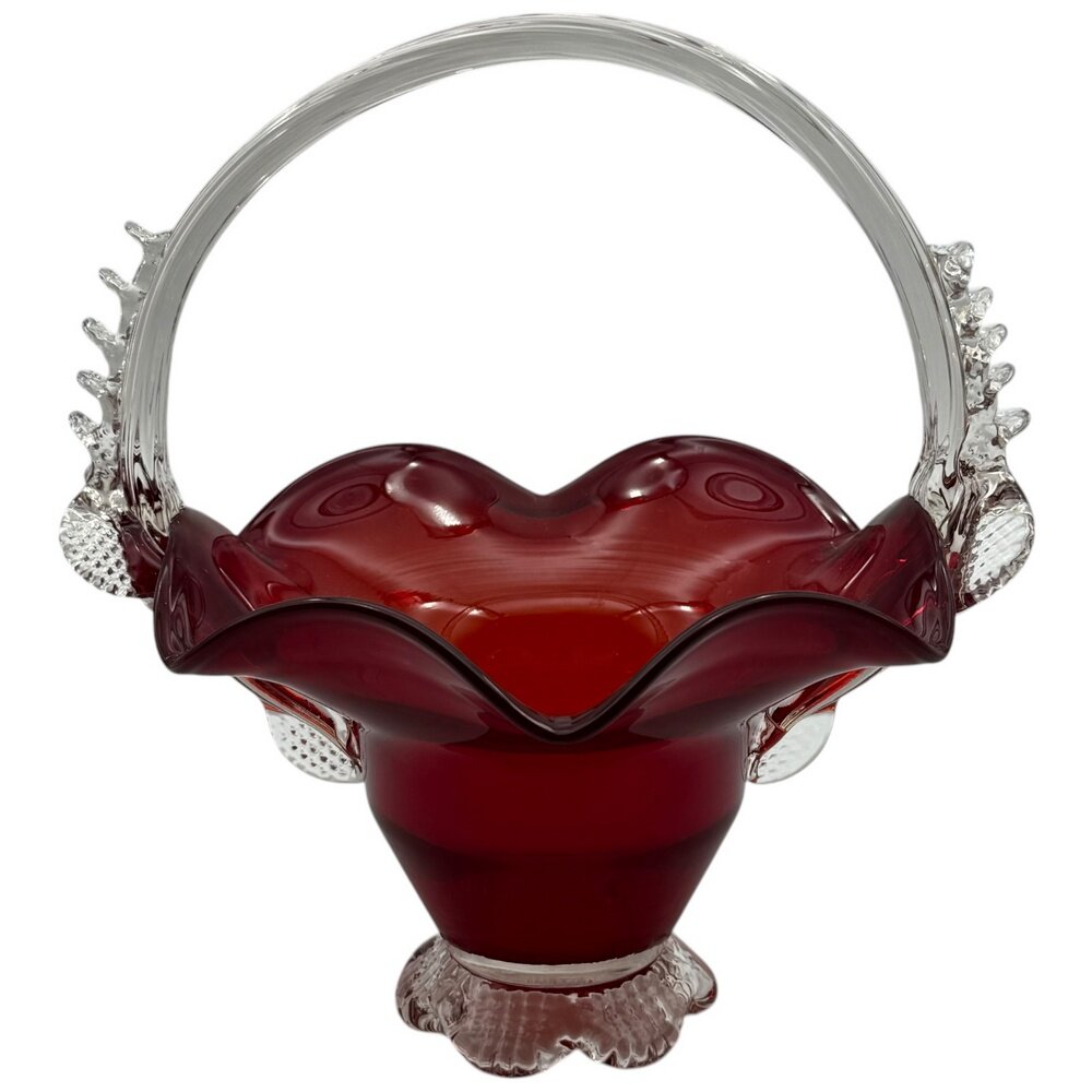 Конфетница - корзинка "Тюльпан" с ручкой, чешское стекло, гутная техника, 1970-1990 г, Чехословакия