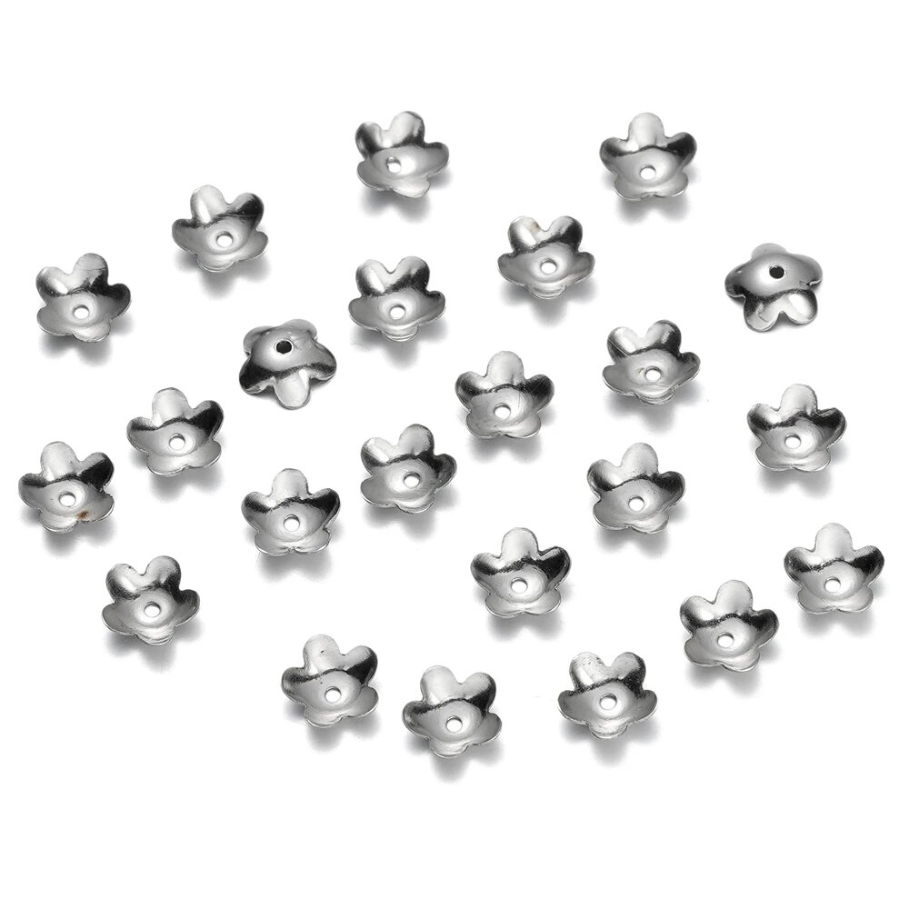 Круглые бусины St.kunkka из нержавеющей стали с цветом и листьями дерева Серебряный, 50pcs, 03