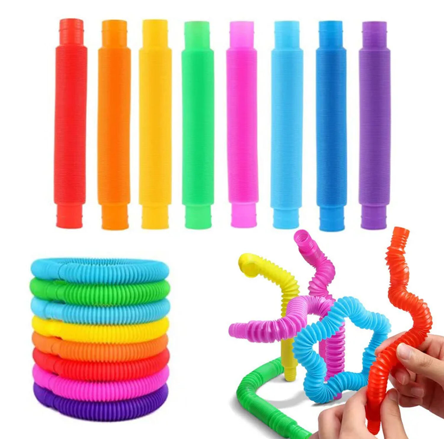 Nutty toys 8pk Pop Tubes Sensory Toys (Large) Fine Motor Skills Learning Toddler Toy for Kids ADHD Autism Fidget 2023 Toddler Travel Toy Gifts Idea Christmas Boy Girl Stocking Stuffers Plastic 1.9x13cm 2.9x20cm 8 colors 8pcs