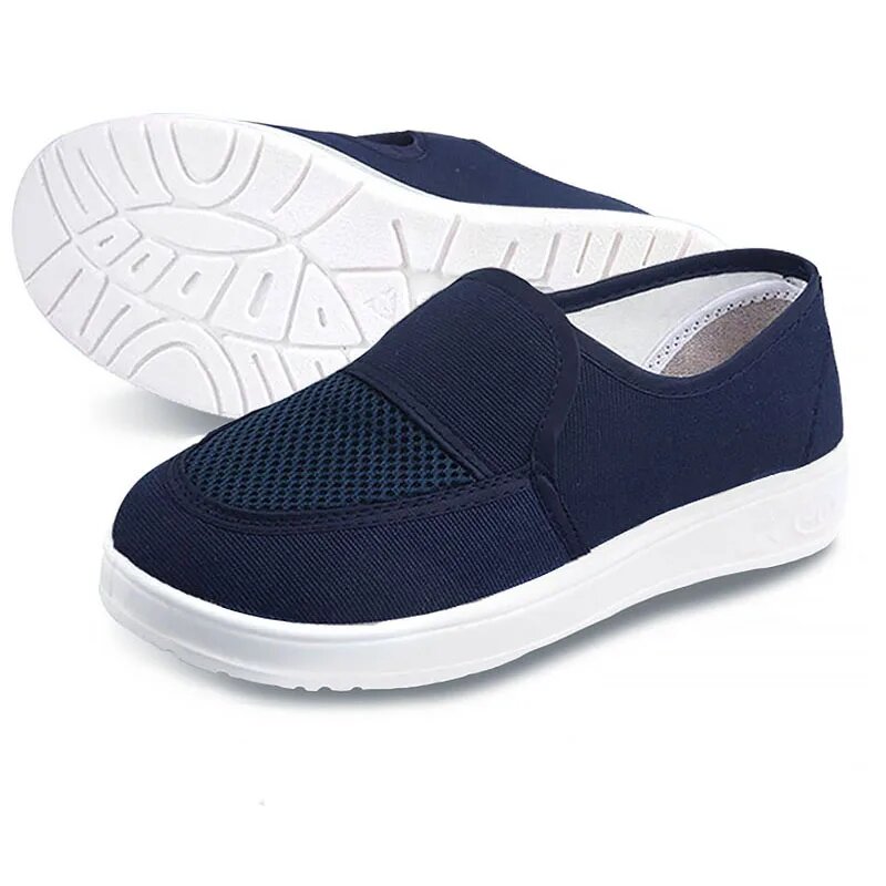 Антистатическая парусиновая дышащая рабочая обувь до середины икры, подошва из искусственной кожи, дизайн без отверстий для заводской сборочной линии персонала Темно-синий, 44, Синий