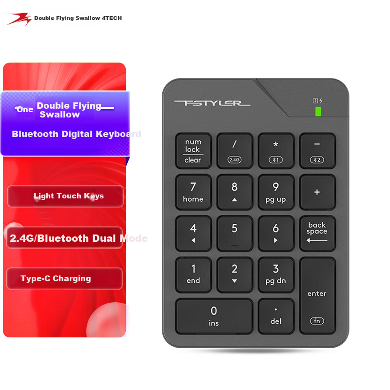 A4TECH FBK21C 18-Key Wireless/Bluetooth Membrane Keyboard for Financial Accounting Mini Portable Notebook Computer External Independent Charging Flying Era Digital Keypad Iron Grey