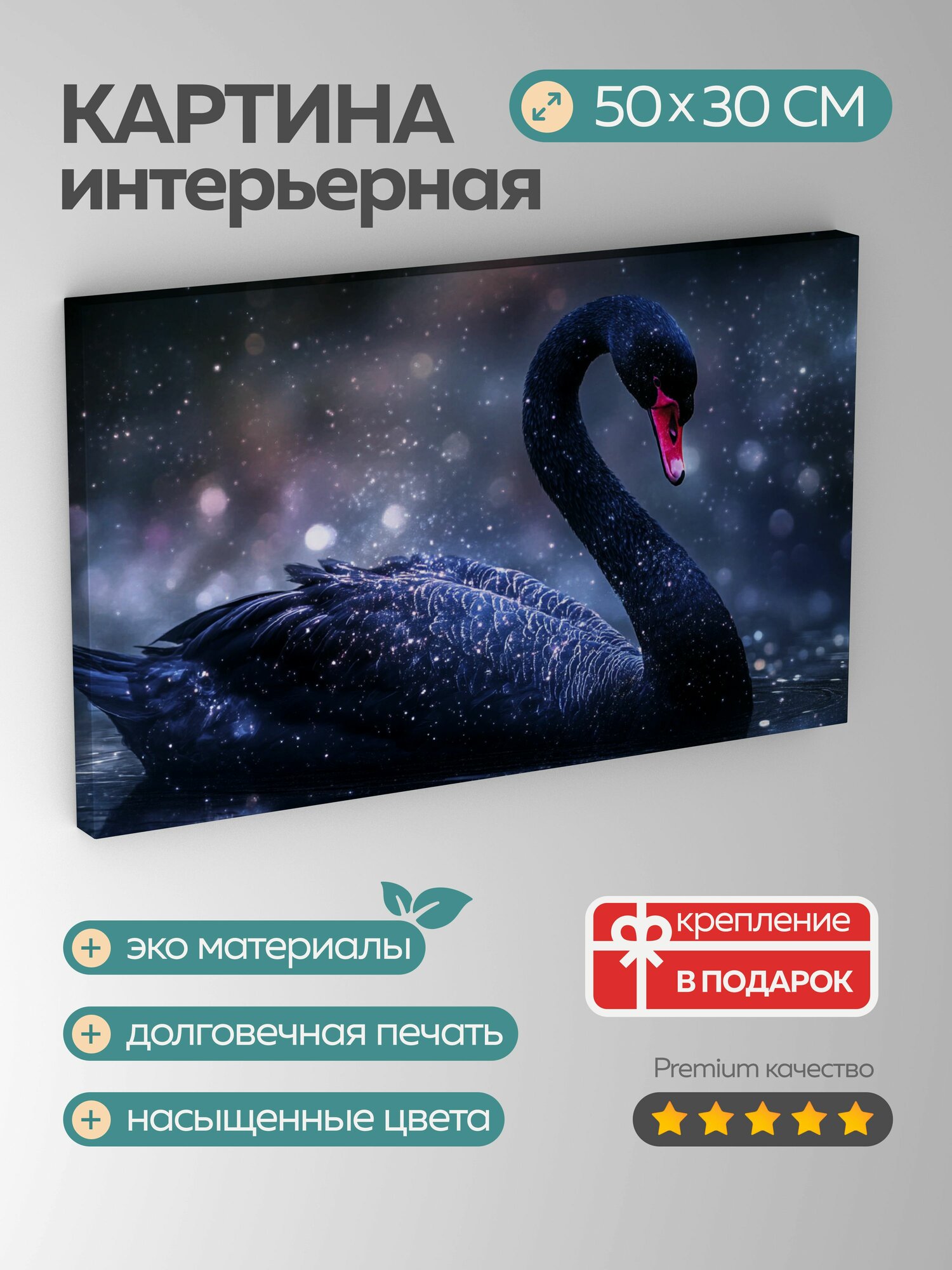 Картина на холсте интерьерная 50х30 см, черный лебедь, небесное сияние, гладкие перья, звездное освещение, очарование