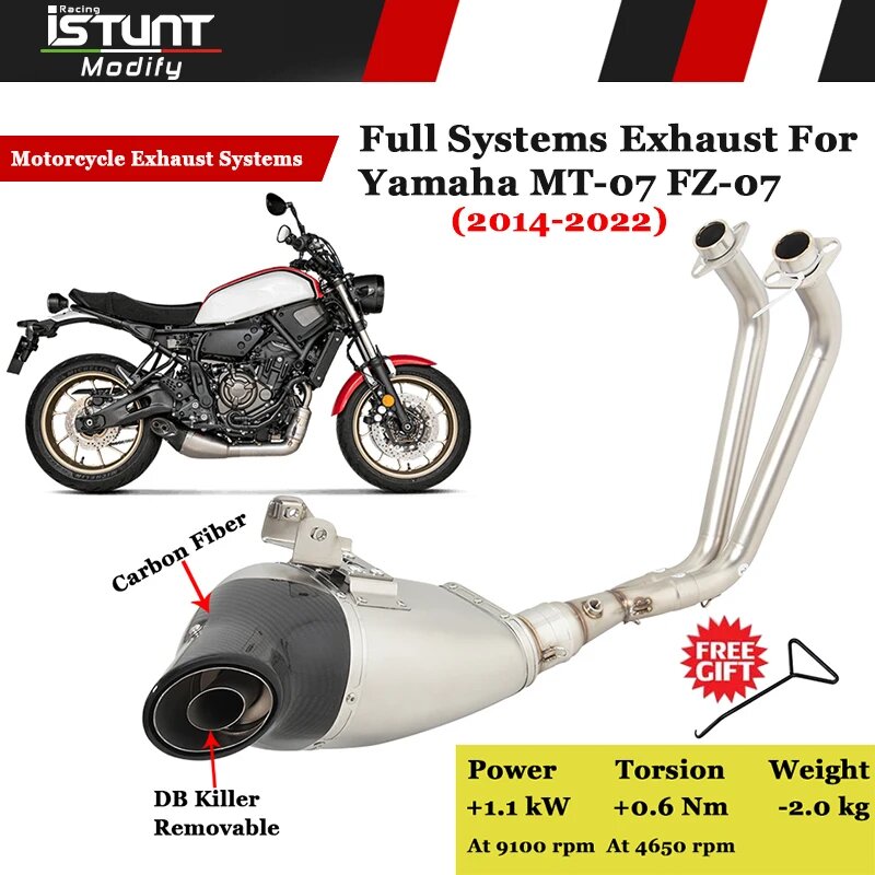 Полные системы мотоциклетных выхлопных систем для Yamaha MT-07 FZ-07 2014-2022, модификация без шнуровки, передняя соединительная труба, карбоновый глушитель DB Killer