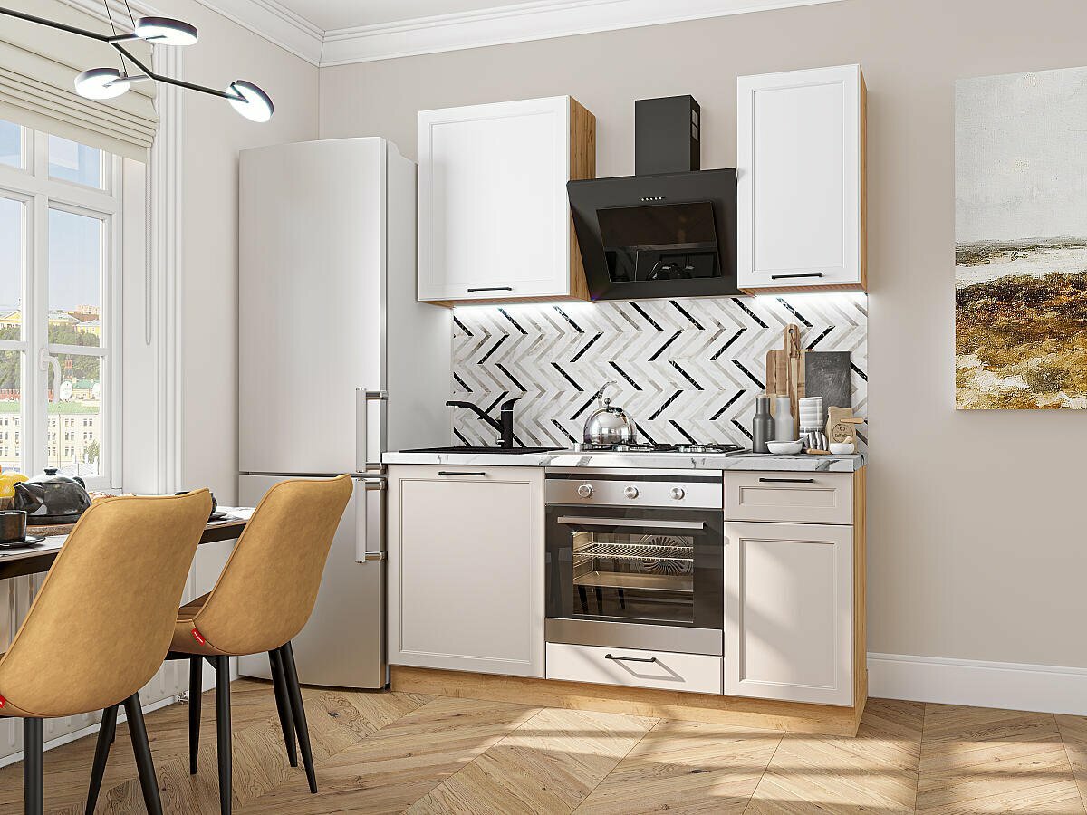 Кухня Барселона-06, цвет фасада Белый/Кашемир, цвет каркаса Дуб Вотан, 2140*1600*600 мм