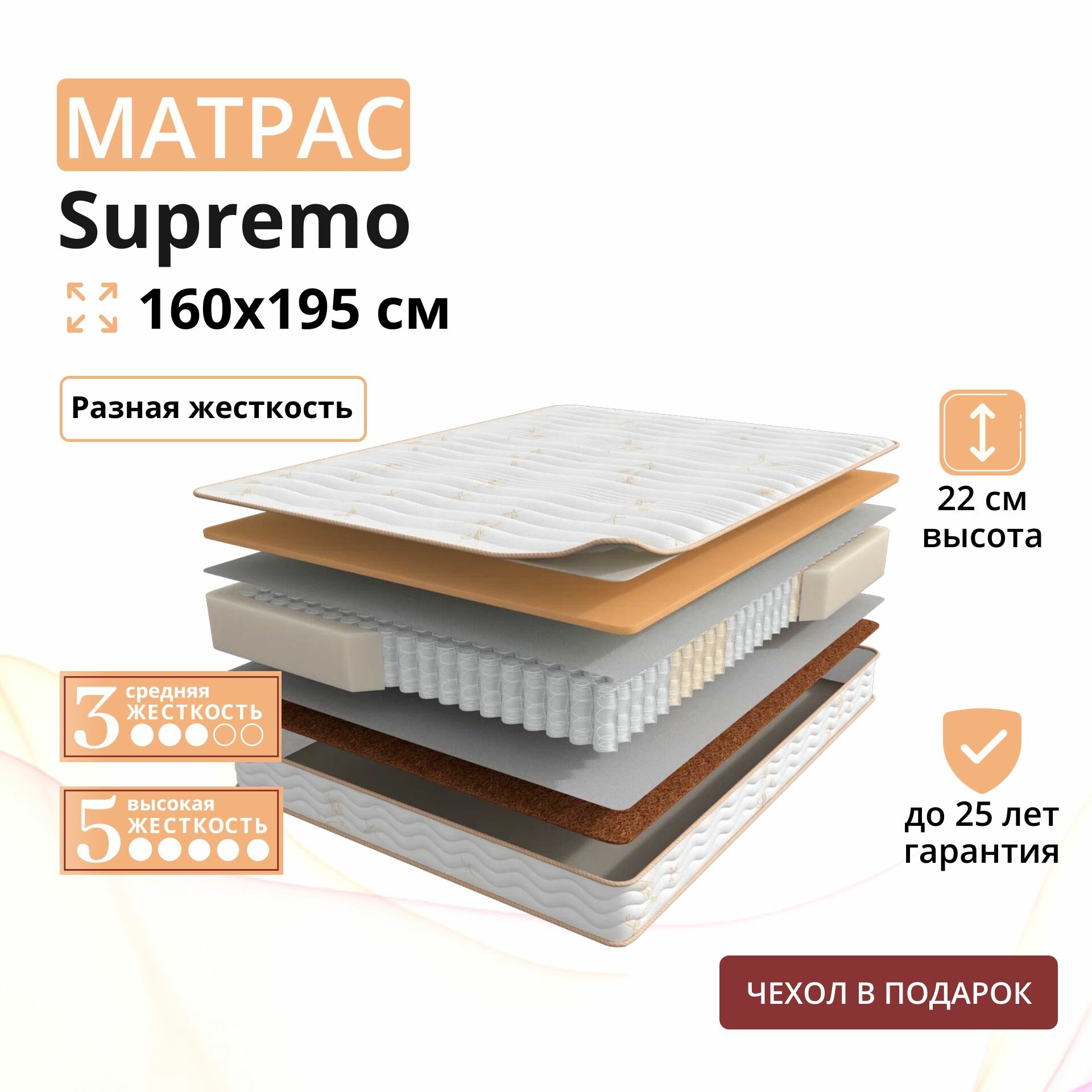 Анатомический матрас, Ортопедический матрас Supremo + Чехол, Независимые пружины 160х195 см