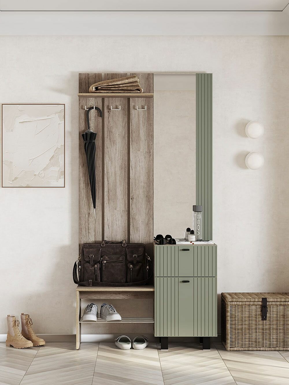 Прихожая Олива, вешалка, доводчики, зеркало, полки, тумба, с ящиками, 100.2х37.2х201.6 см, Дуб Каньон/Эвкалипт софт