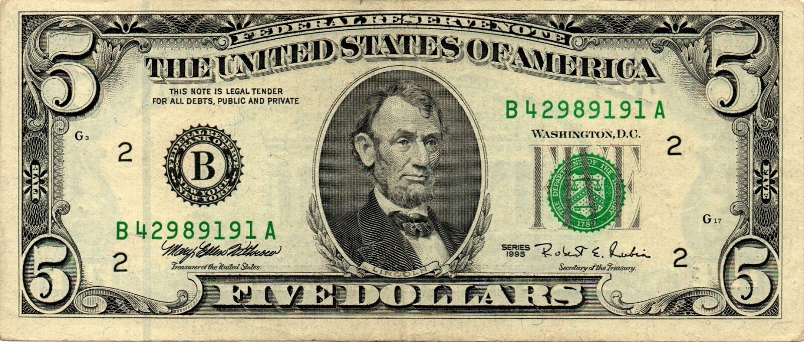 5 долларов 1995 год США 42989191 А