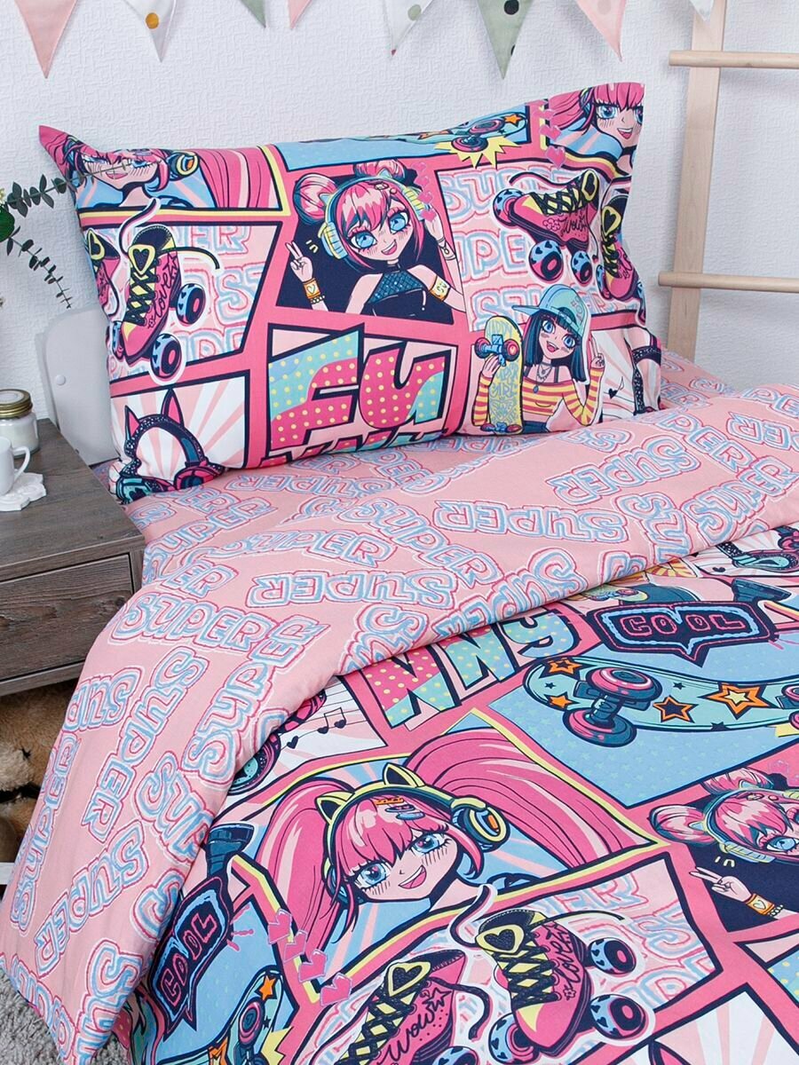 Постельное белье 1 5 спальное детское подростковое для девочек "Аниме" Поплин -100 % хлопок