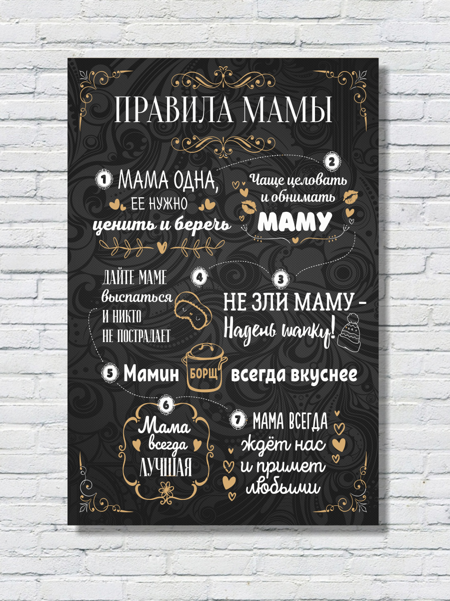 Постер на натуральном холсте "Правила мамы" 40х60 см / 8 марта / Картина в подарок / Подарок для мамы