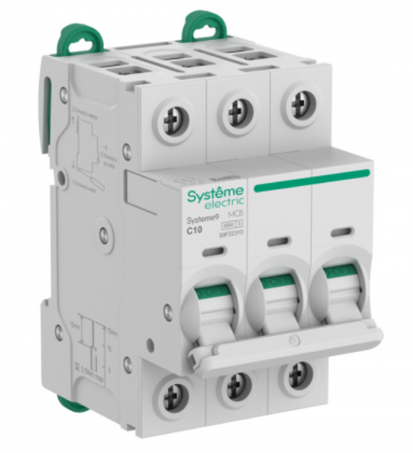 Автоматический выключатель Systeme Electric / Систем Электрик Systeme9, 3Р 10А 400В, характеристика С 6кА, S9F22310 / электроавтомат